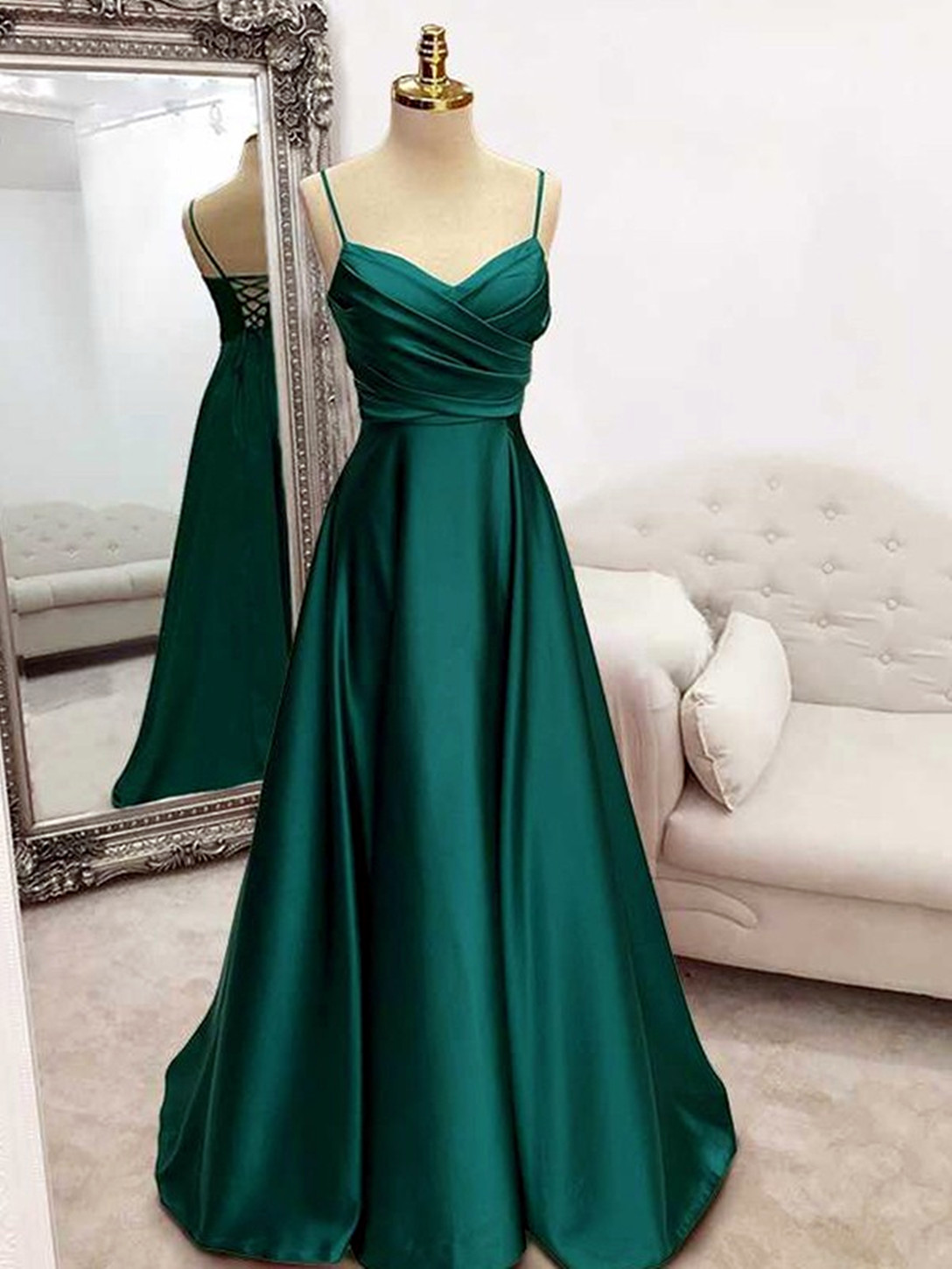 Women A-line/princess Satin Prom Dresses Long Spaghetti Straps Evening ...